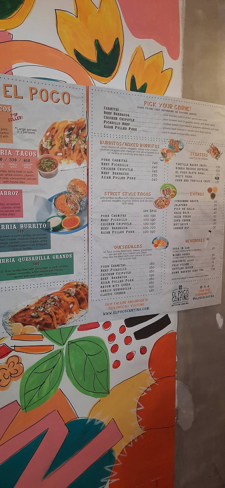 Menu at El Poco Cantina restaurant, Manila