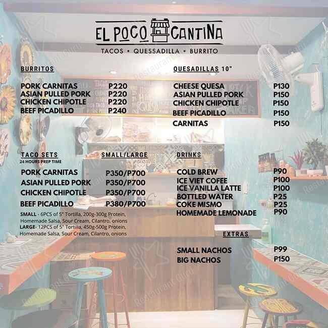 Menu at El Poco Cantina restaurant, Manila
