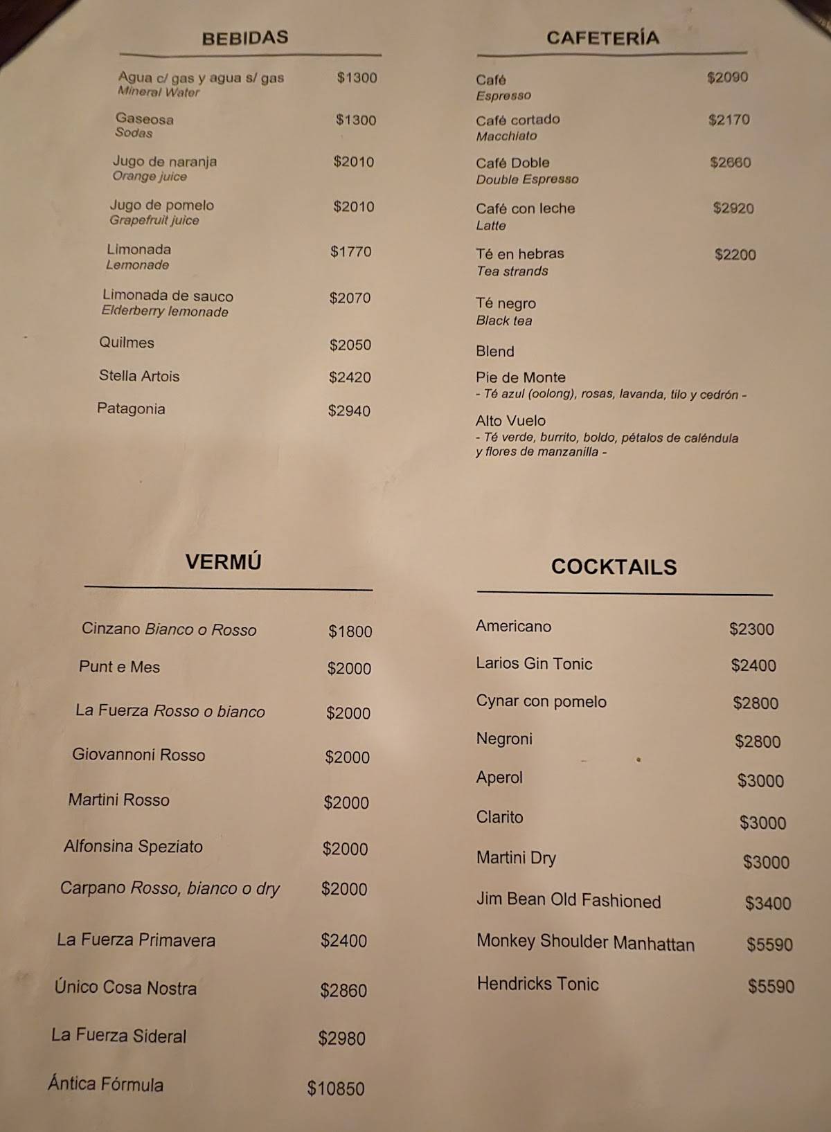Menu at El Preferido de Palermo pub & bar, Buenos Aires