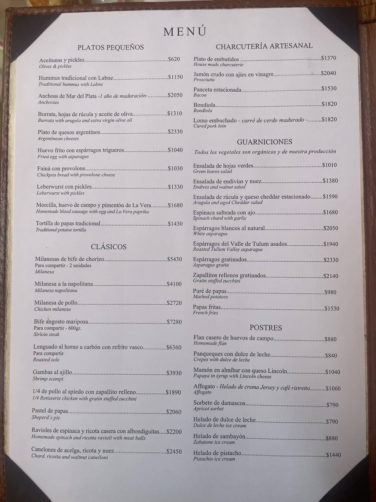 Carta del pub y bar El Preferido del Palermo, Buenos Aires