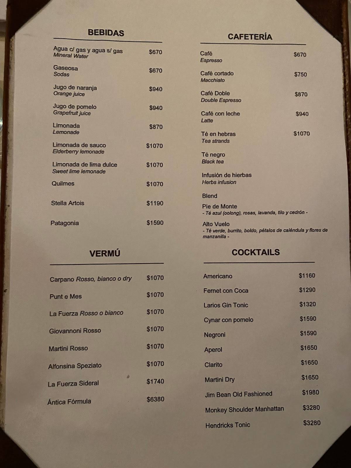 Menu at El Preferido de Palermo pub & bar, Buenos Aires