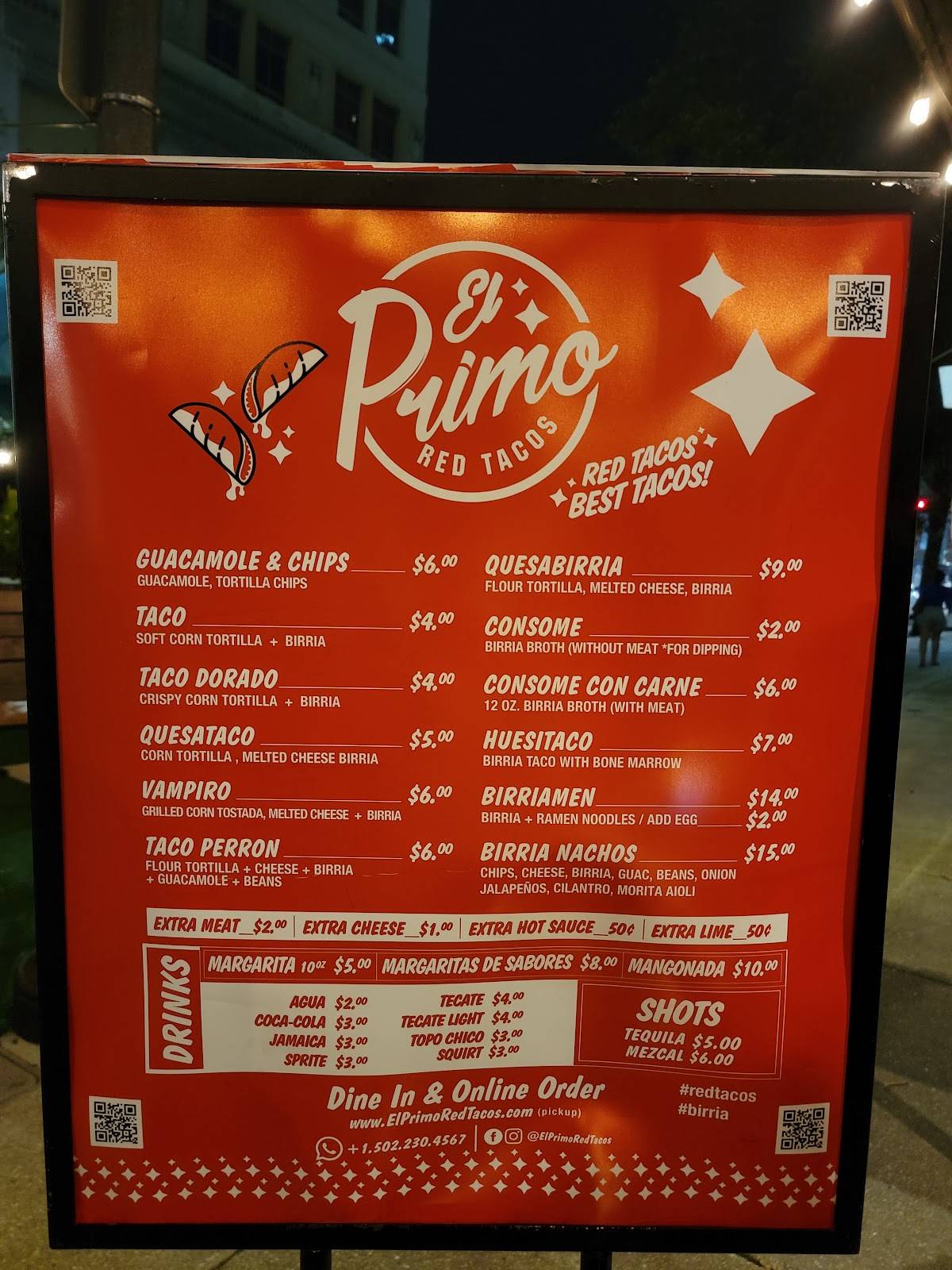 Menu at El Primo Red Tacos restaurant, Miami, 179 E Flagler St