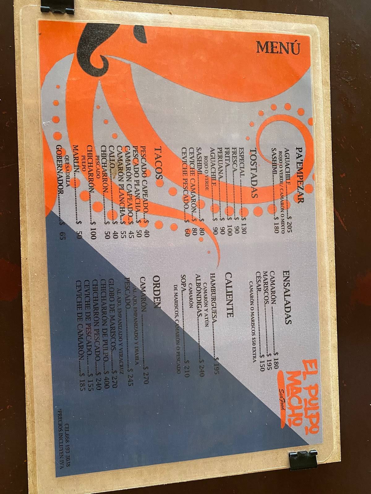 Carta del restaurante "El Pulpo Macho", San José del Cabo, Prof.ª ...