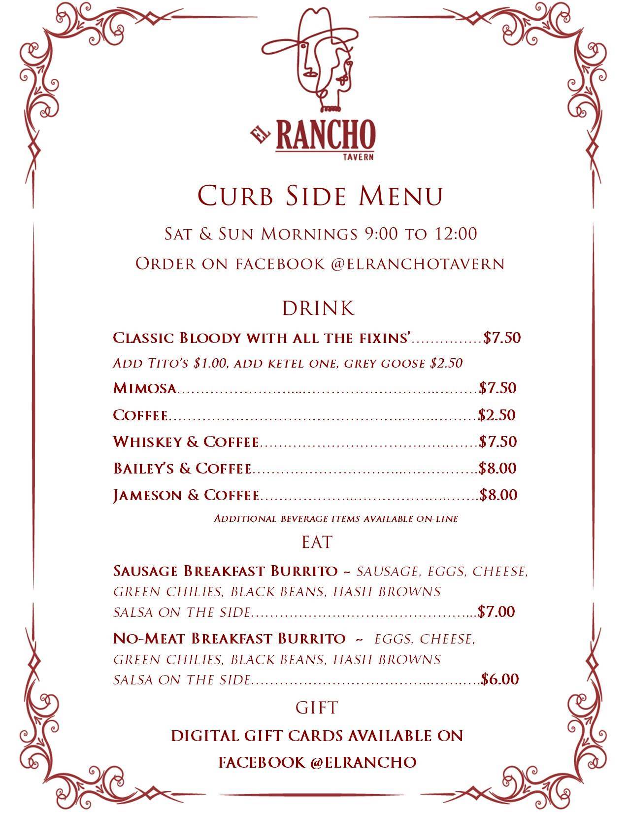 Menu at El Rancho Tavern pub & bar, Durango