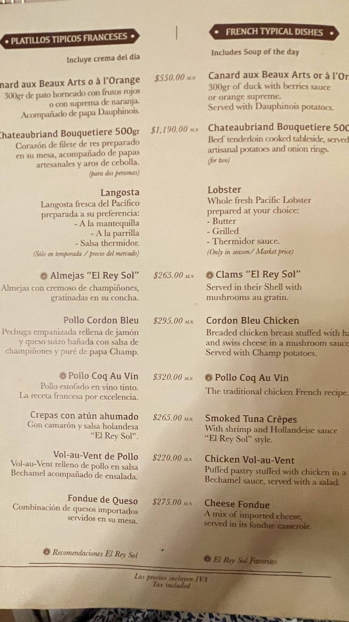 Carta de Restaurant El Rey Sol, Ensenada