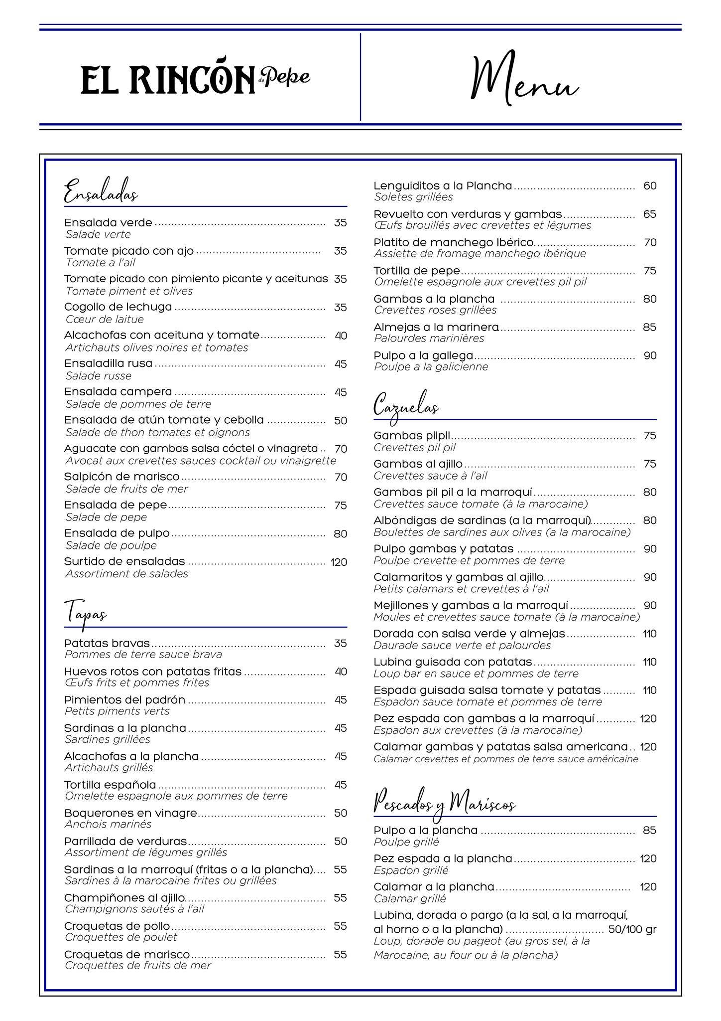 Menu au El Rincòn de Pepe restaurant, Casablanca, Rue Abou Al Mahassine Arrayani