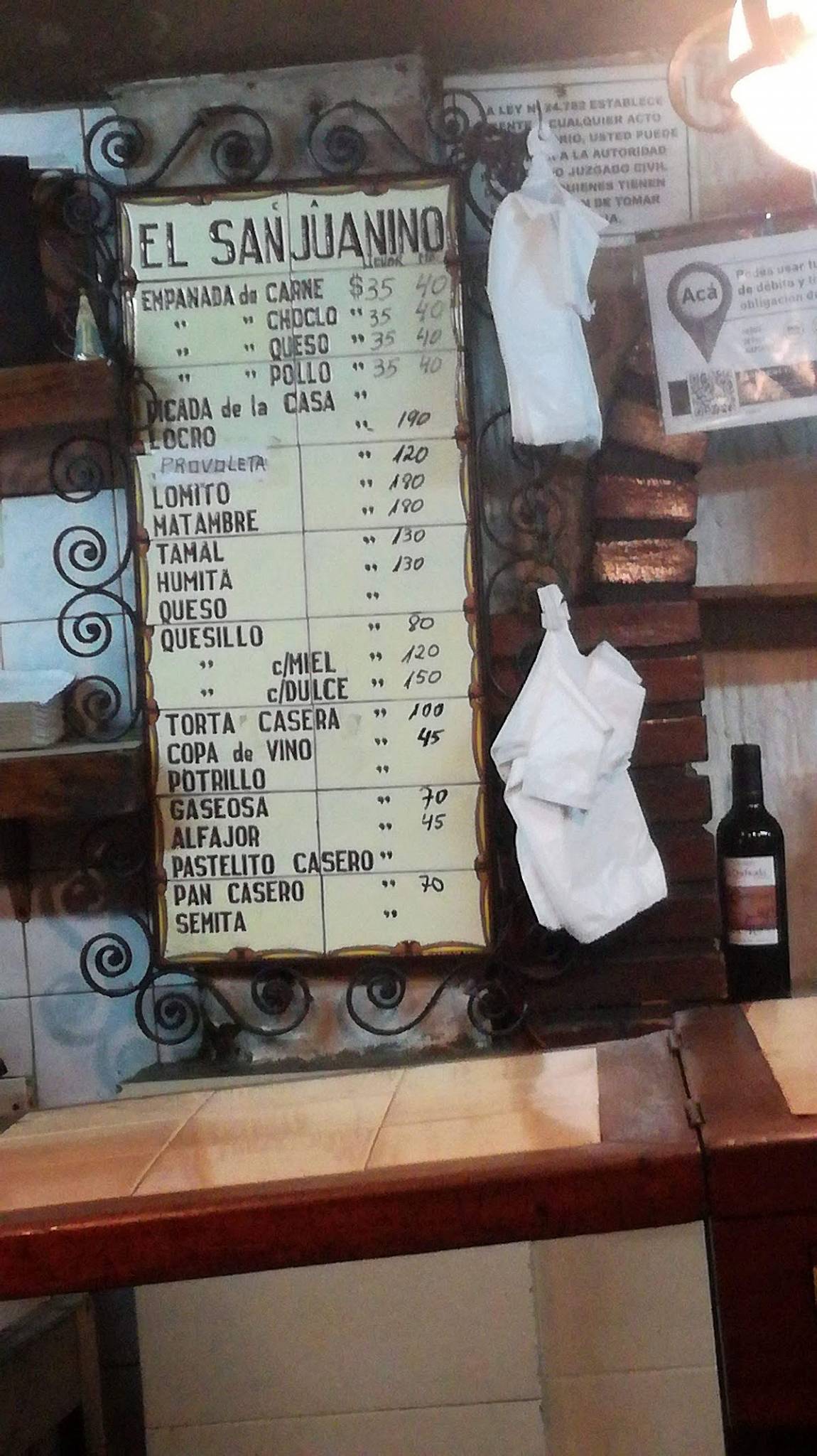 Menu at El Sanjuanino restaurant, Buenos Aires, Sánchez de Bustamante 1788