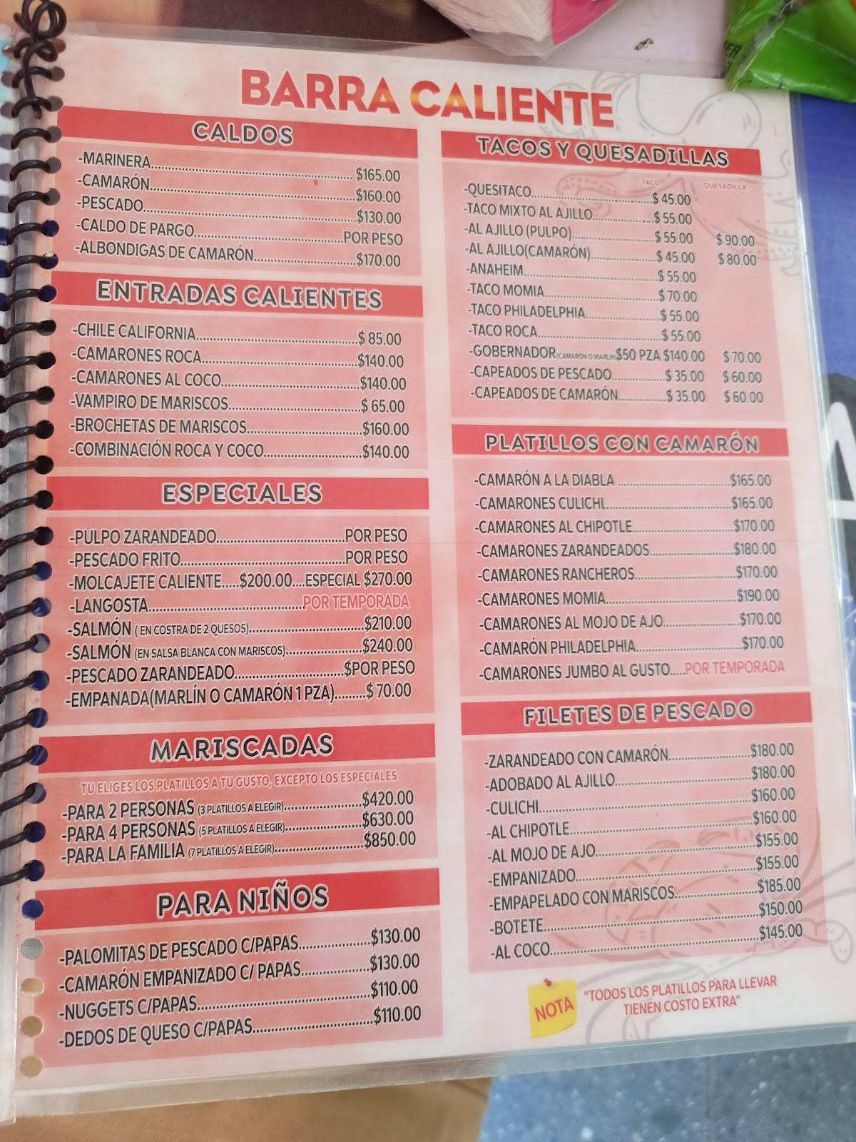 Carta del restaurante El Sazón del los Peñuelas, Culiacán Rosales