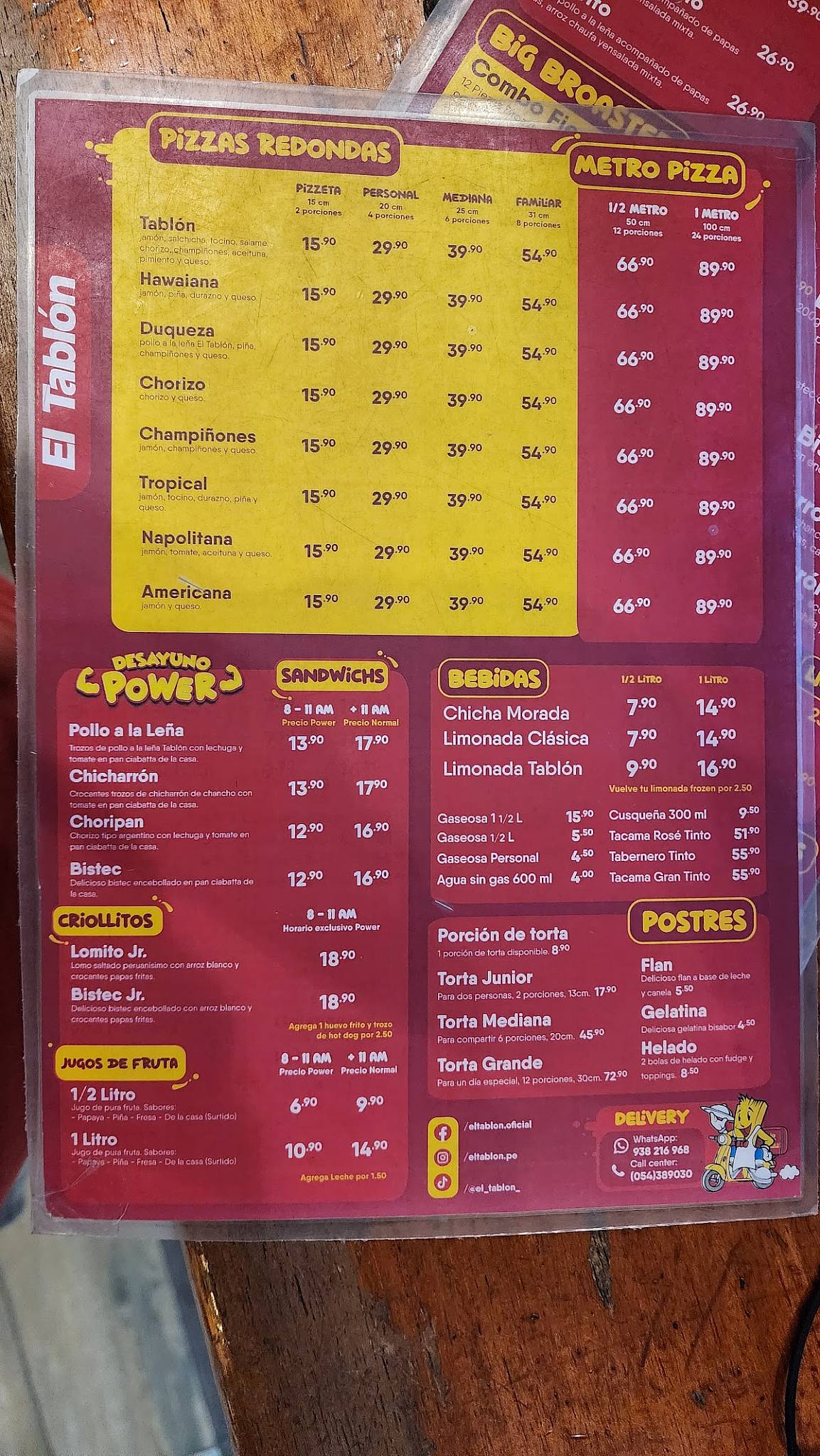 Carta del restaurante El Tablón, Miraflores, Av. Mariscal Castilla 105