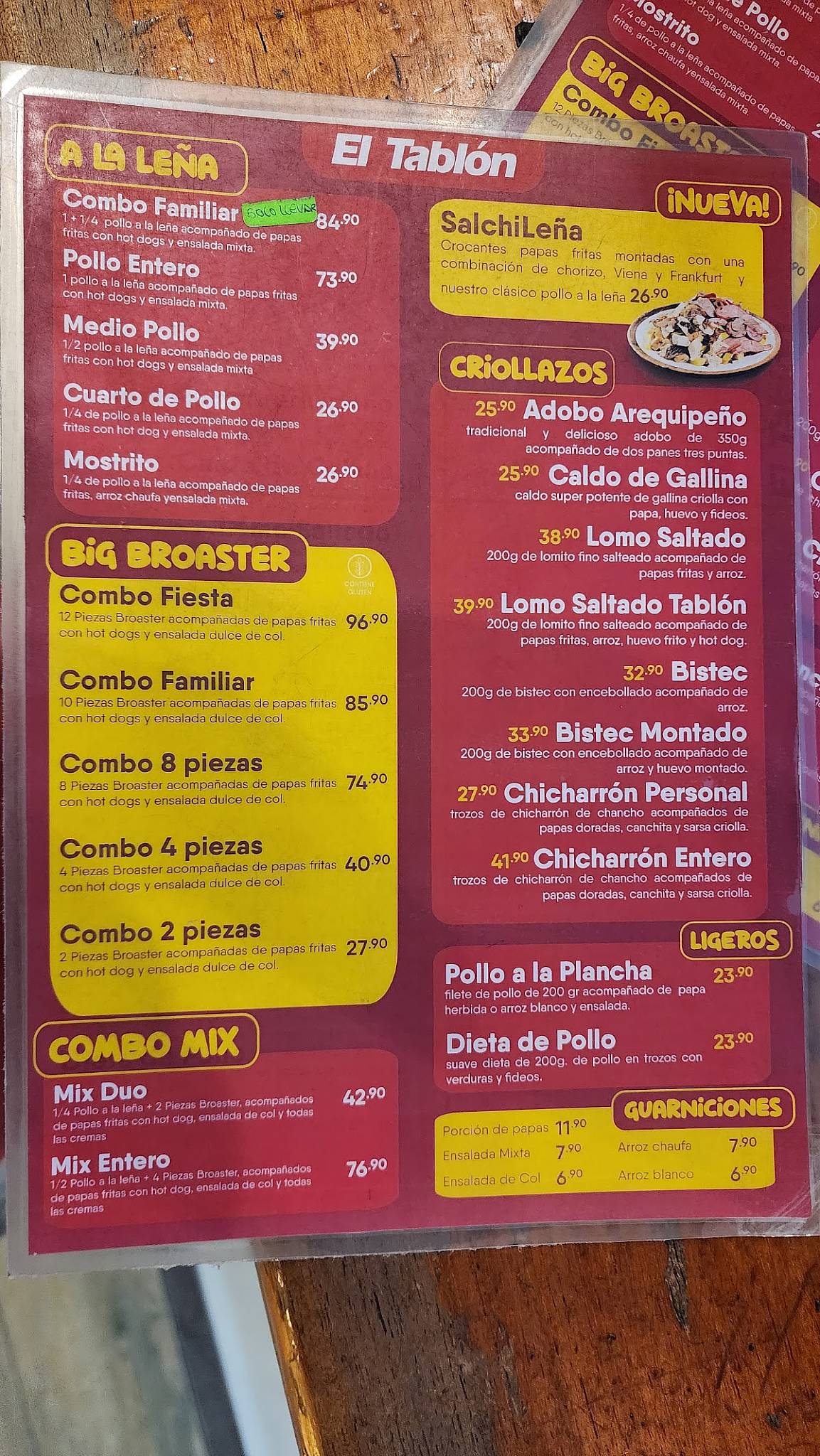 Carta del restaurante El Tablón, Arequipa, Av. Mariscal Castilla 105