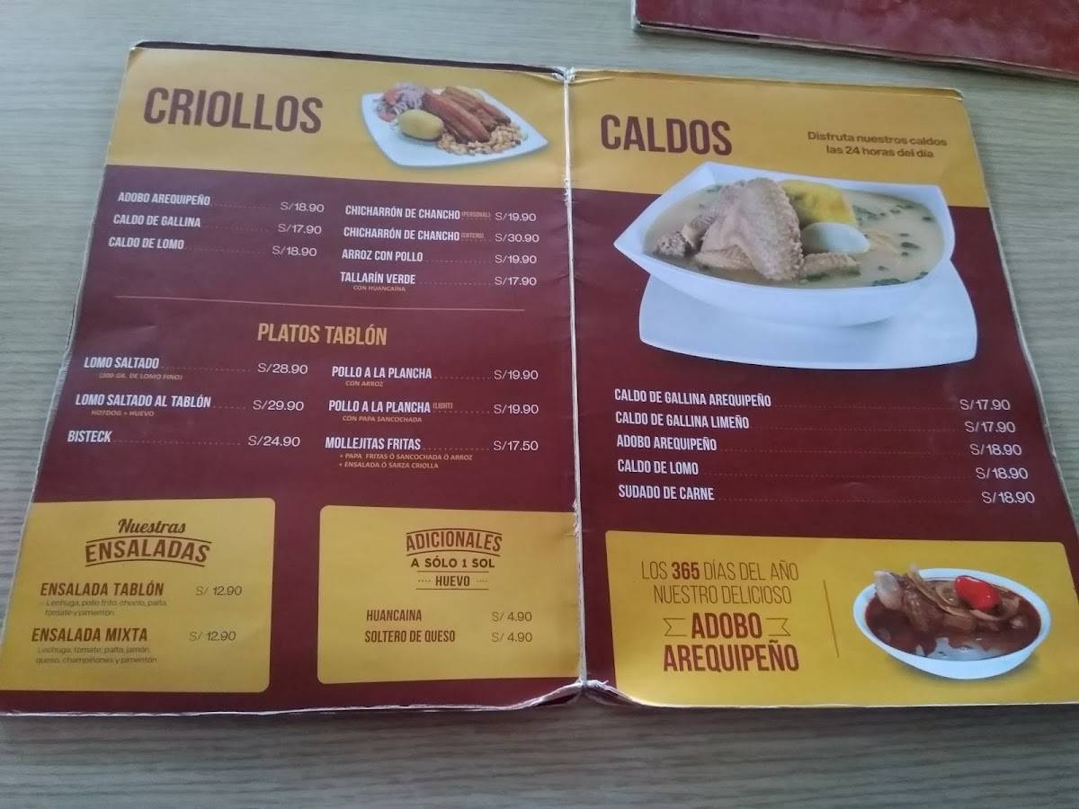 Carta del restaurante El Tablón, Arequipa, Av. Mariscal Castilla 105