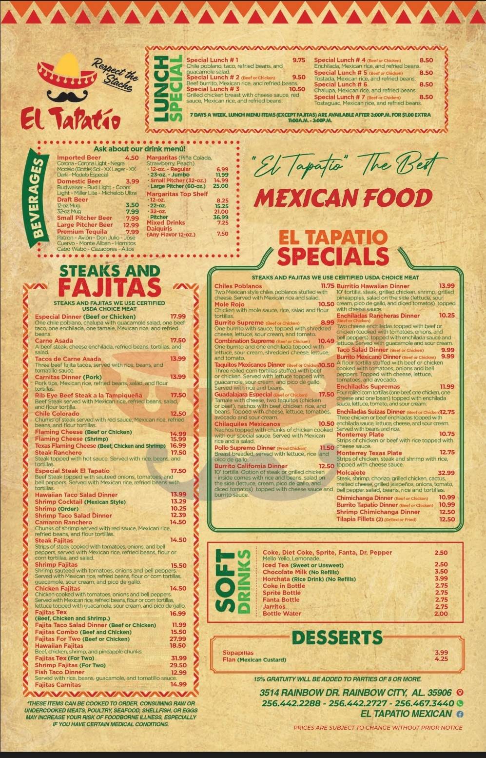 Menu at El Tapatio Mexican Restaurant, Rainbow City