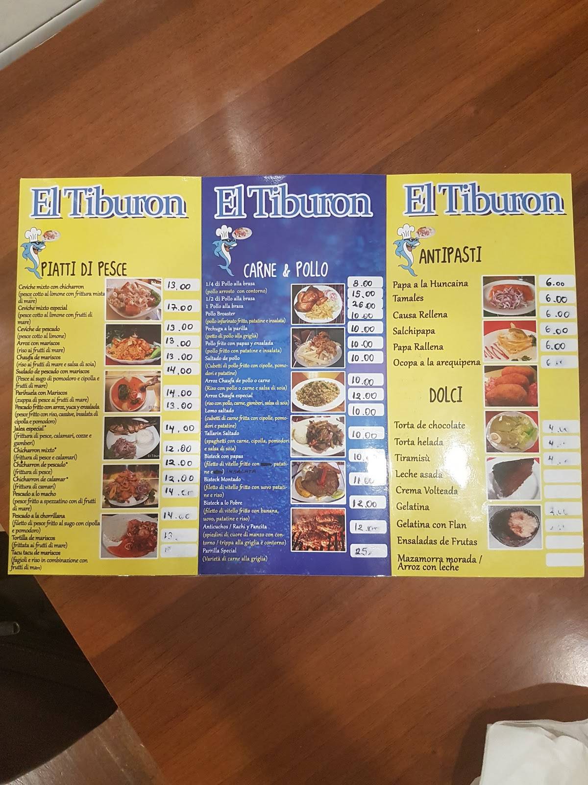Menu at El tiburón restaurant, Valente Díaz