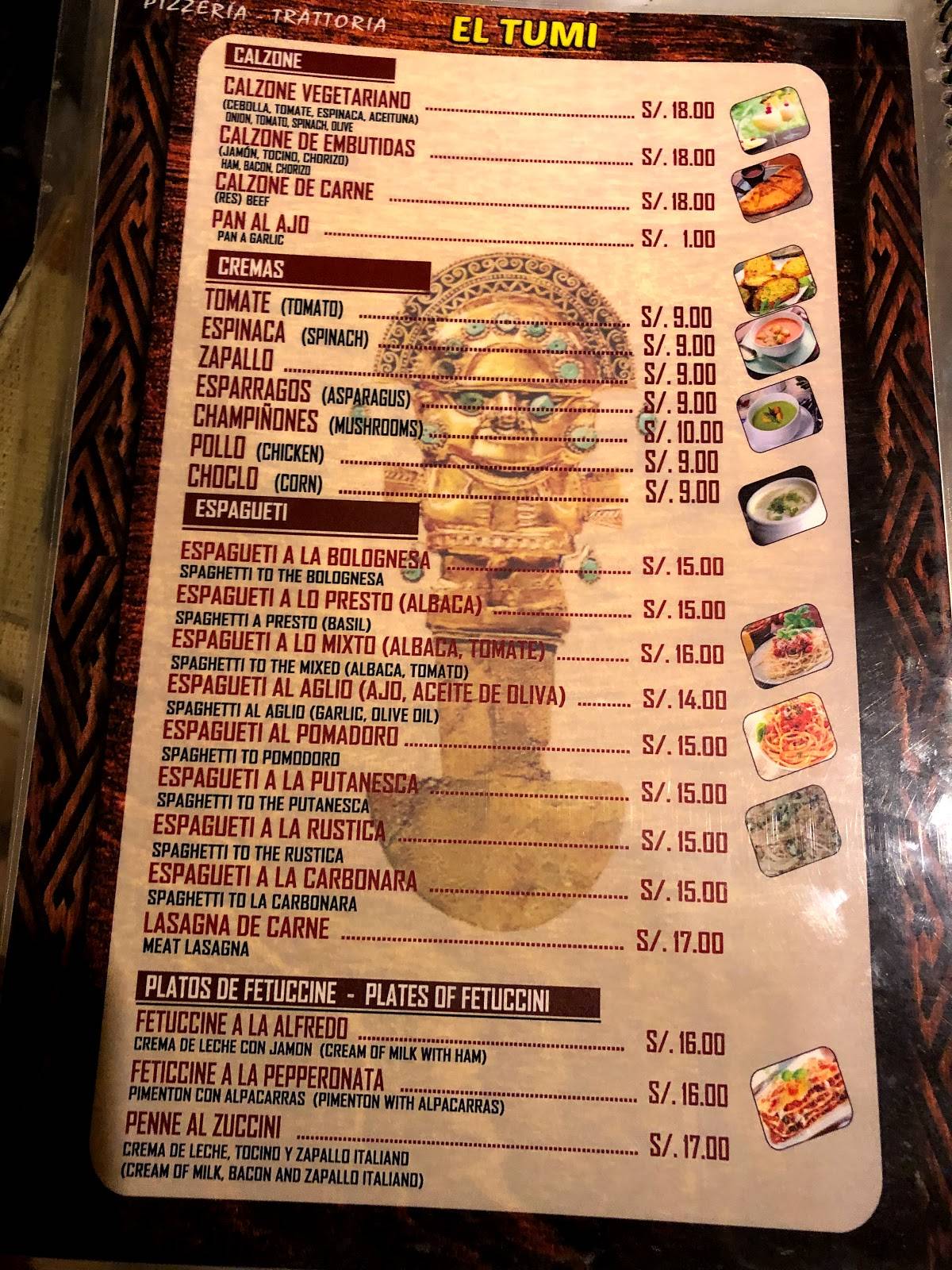 Carta del restaurante El Tumi, Puno
