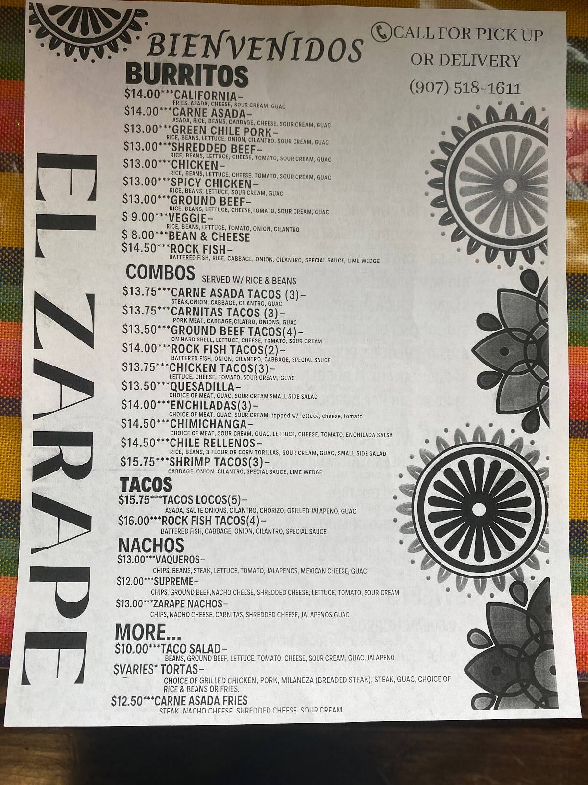 Menu at El Zarape restaurant, Petersburg