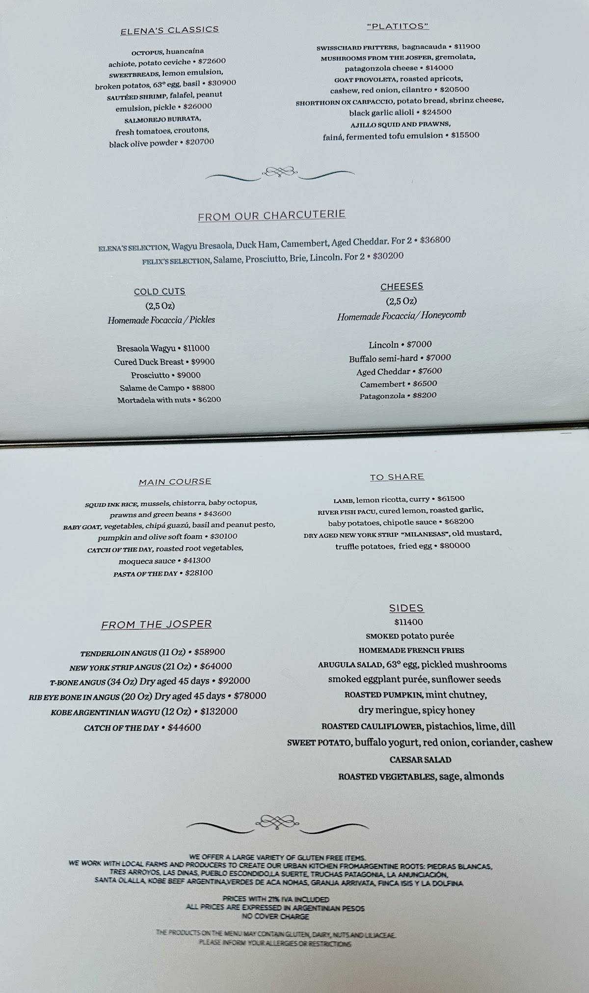 Carta del restaurante Elena, Buenos Aires, /88 Posadas