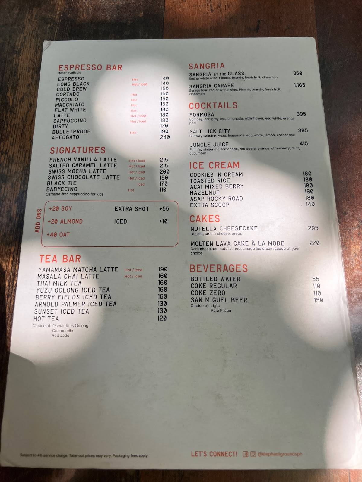 Menu at Elephant Grounds Manila - BGC cafe, Taguig