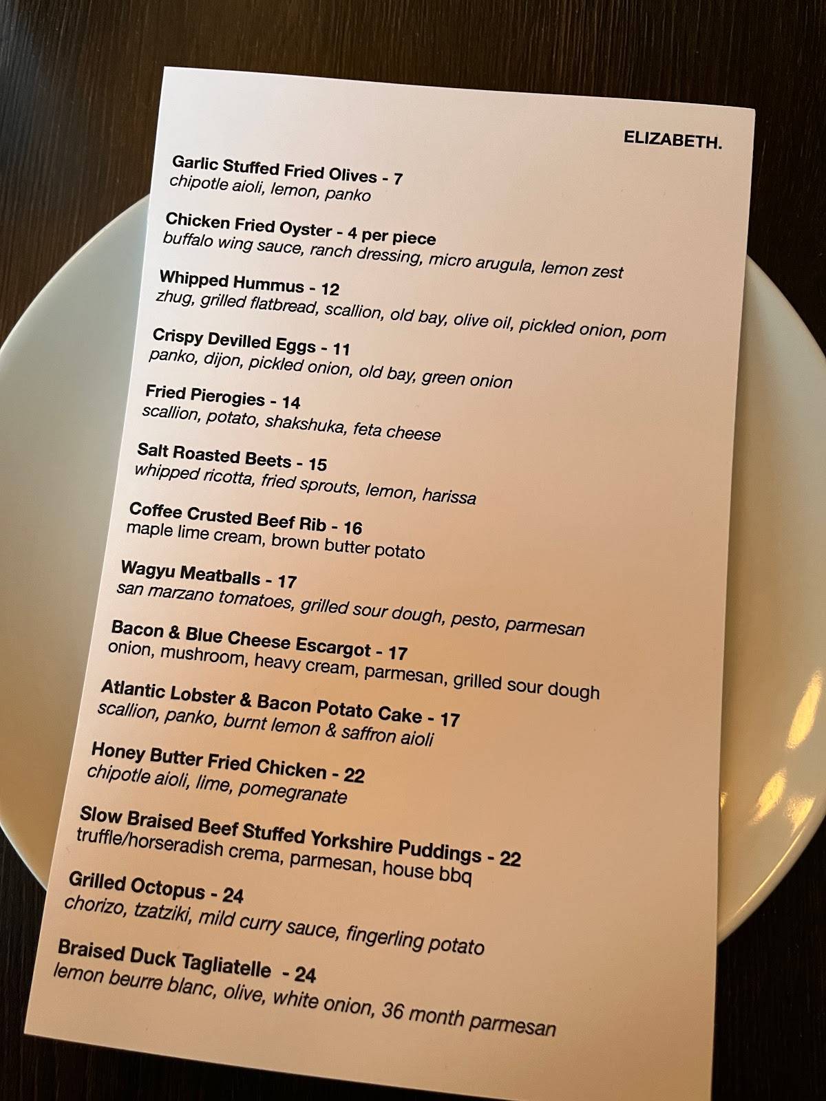 Menu at Elizabeth. pub & bar, Stratford