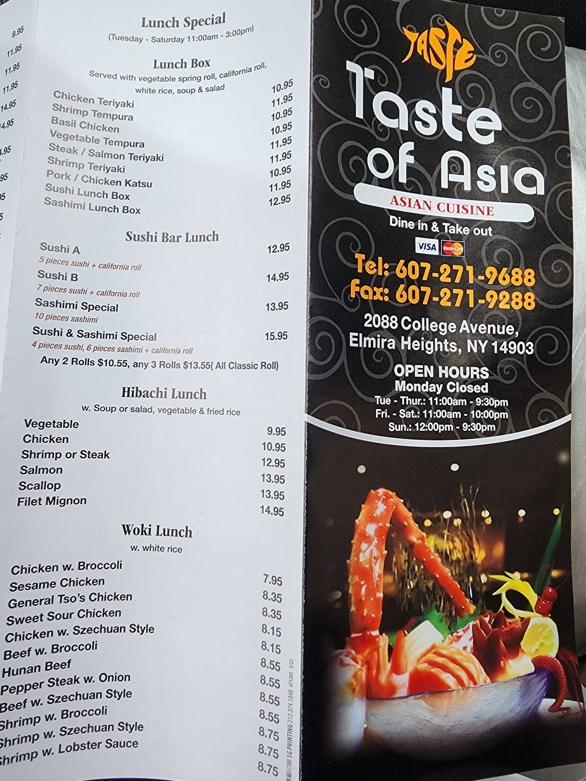Menu at Taste of Asia restaurant, Elmira Heights