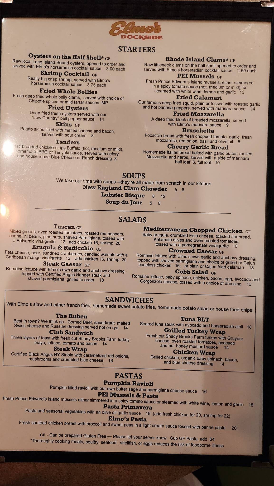 Menu at Elmo's Dockside restaurant, Vernon