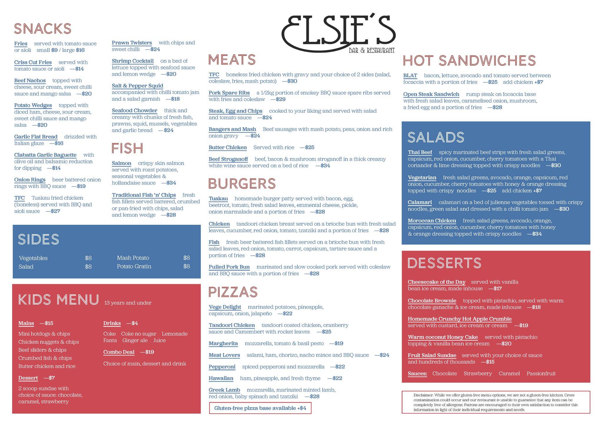 Menu at Elsie's Restaurant & Bar, Tuakau