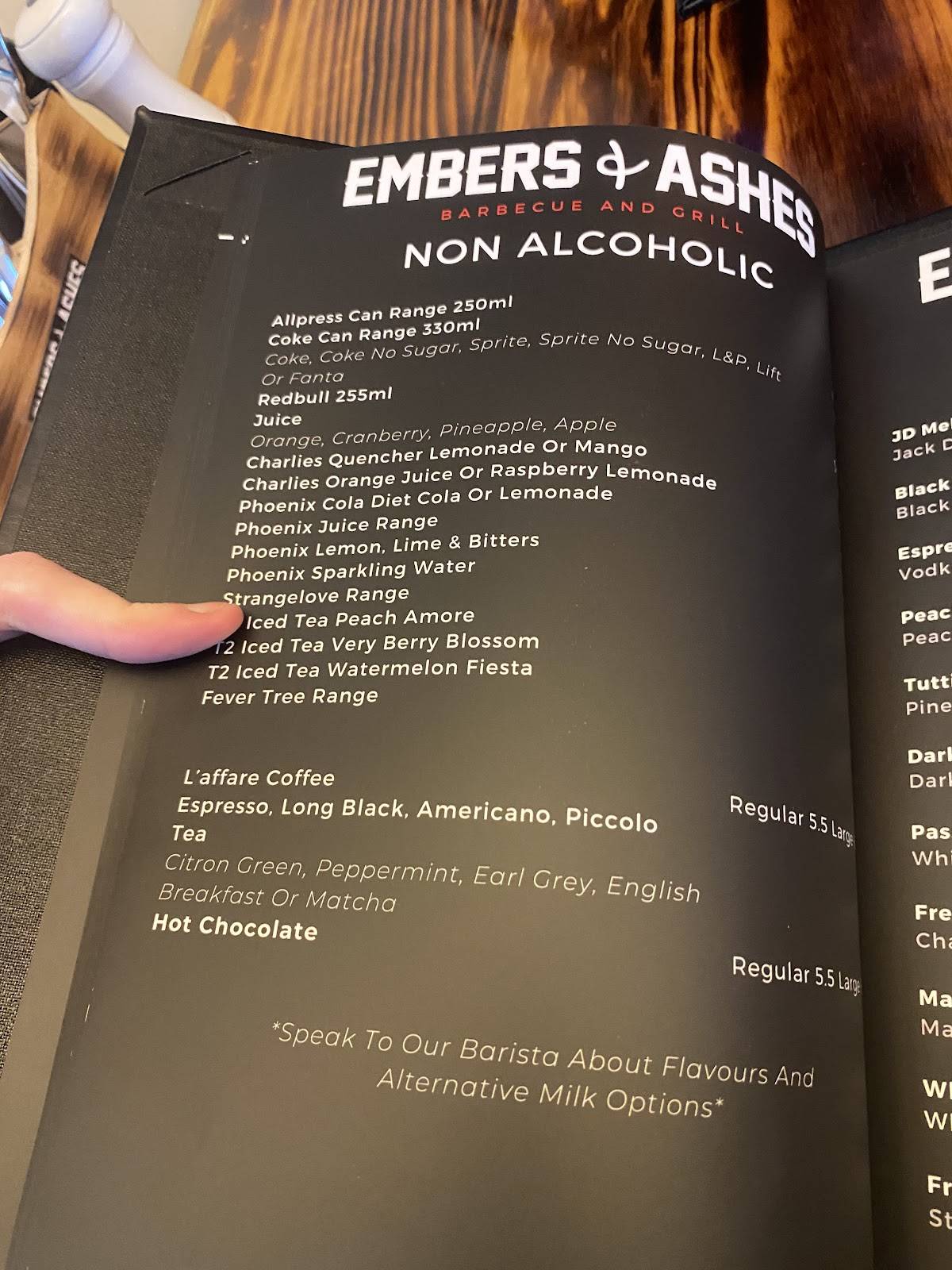 Menu at Embers & Ashes restaurant, Christchurch