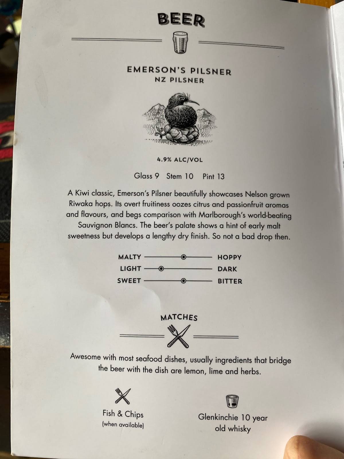 Menu at Emerson's Brewery pub & bar, Dunedin