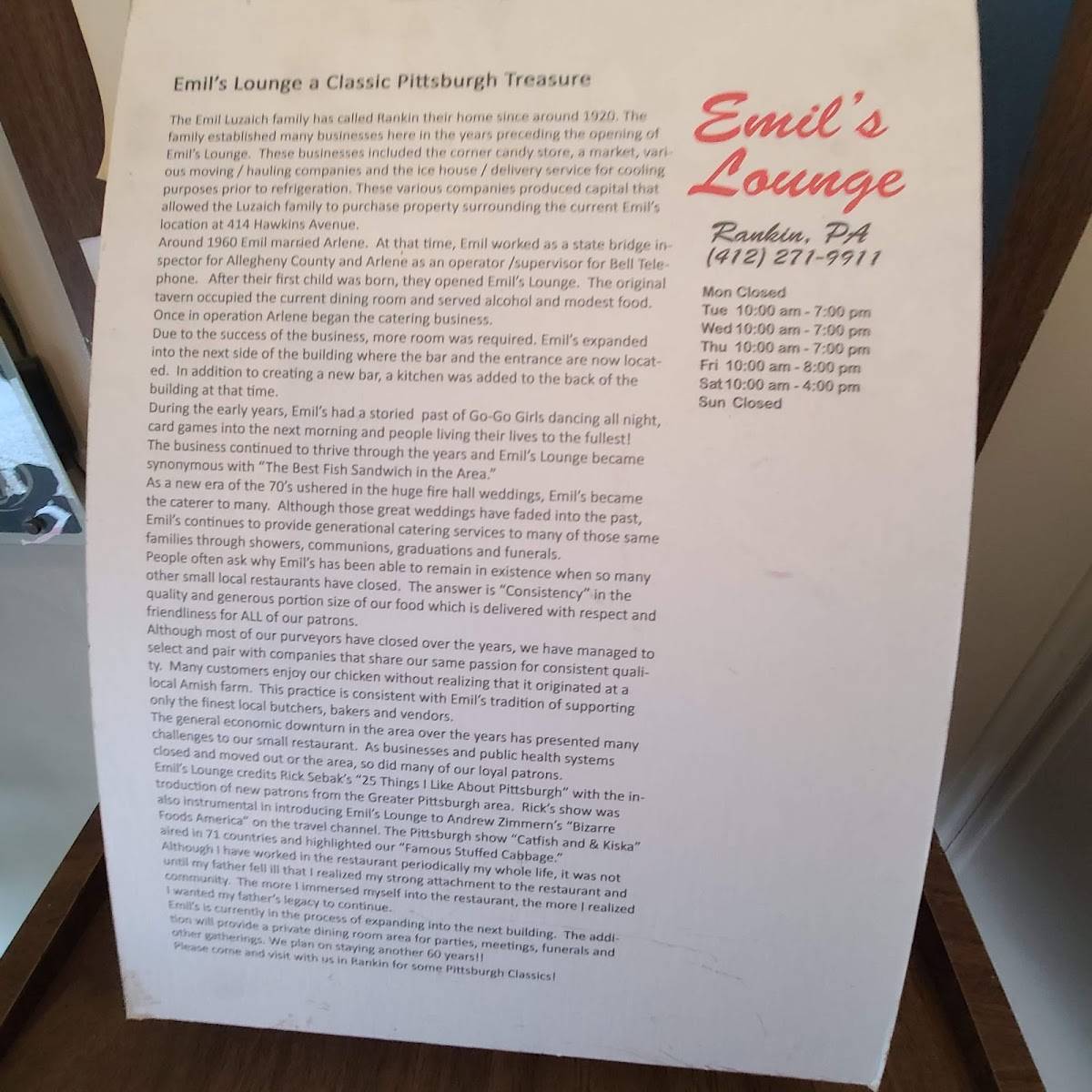 Menu at Emil's Lounge restaurant, Rankin