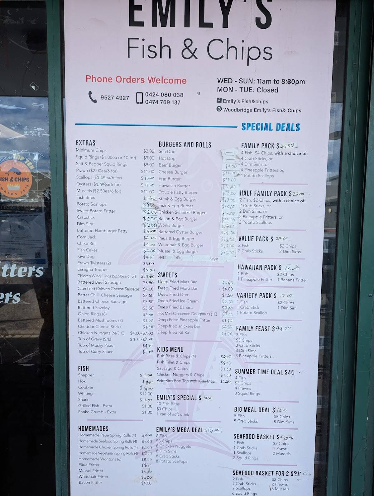 Menu at Emily's NZ Fish & Chips fast food, Cooloongup