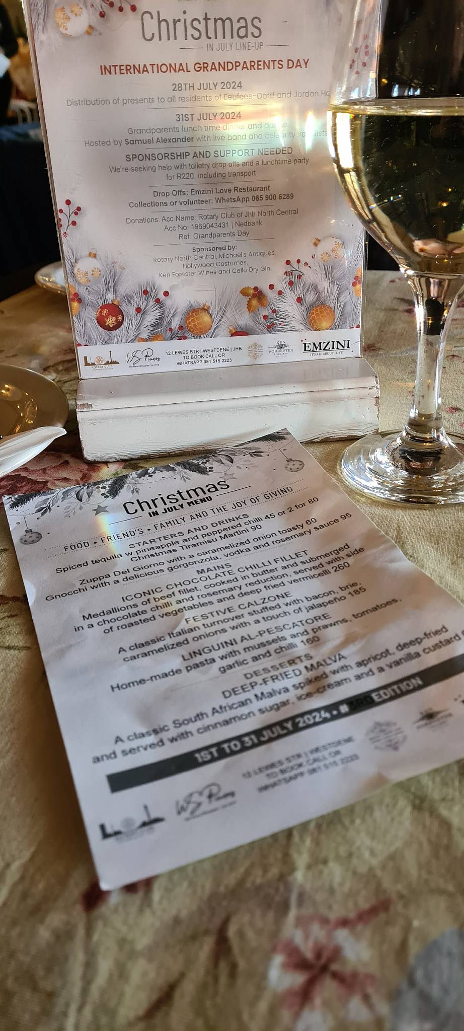 Menu at Emzini Restaurant, Johannesburg