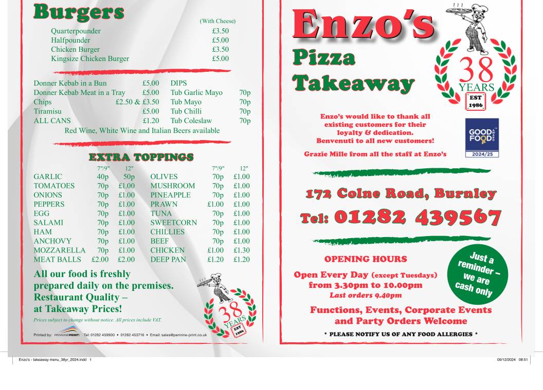 Menu at Enzo's fast food, Burnley