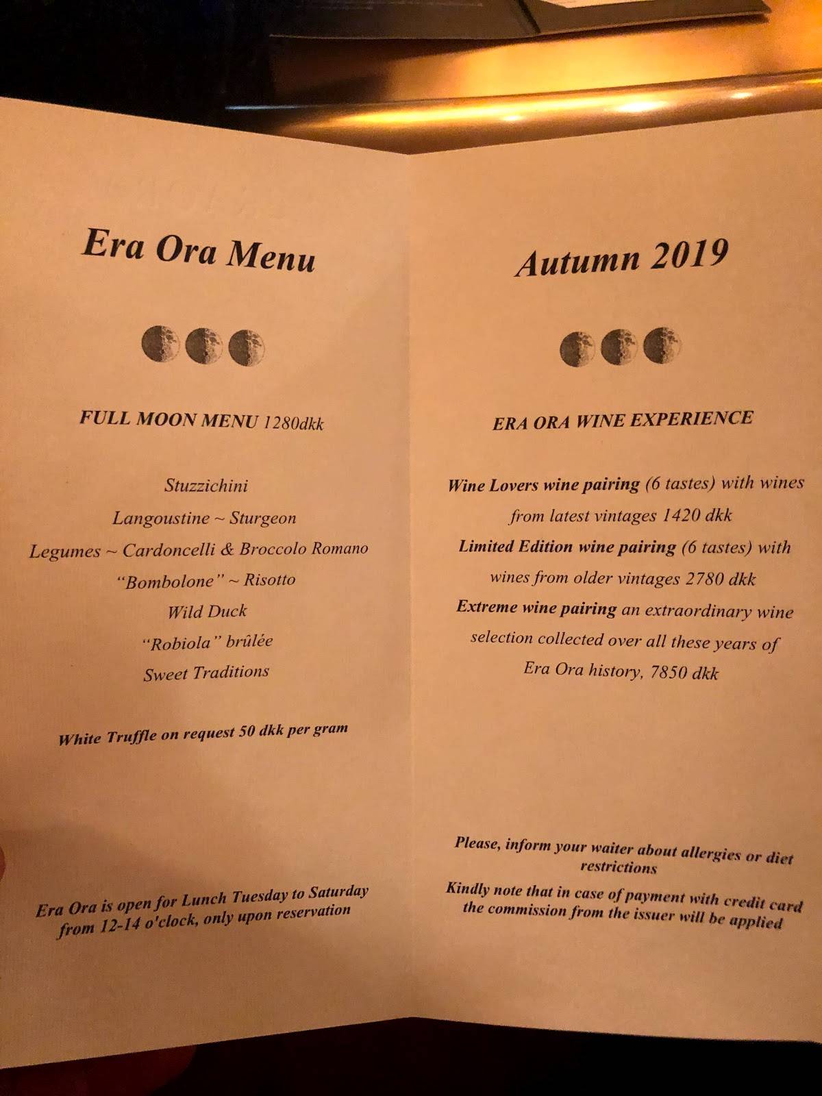 Menu at Era Ora restaurant, Copenhagen