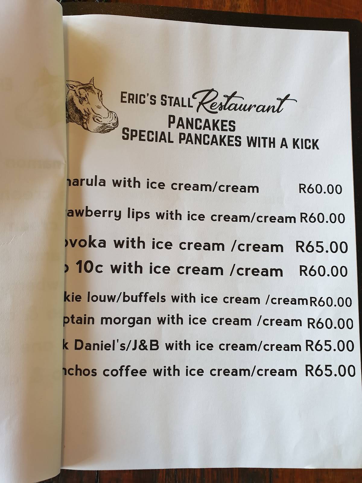 Menu at Eric's Stall Restaurant, South Africa