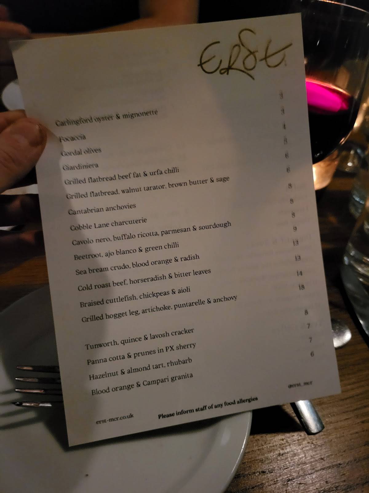 Menu at Erst pub & bar, Manchester