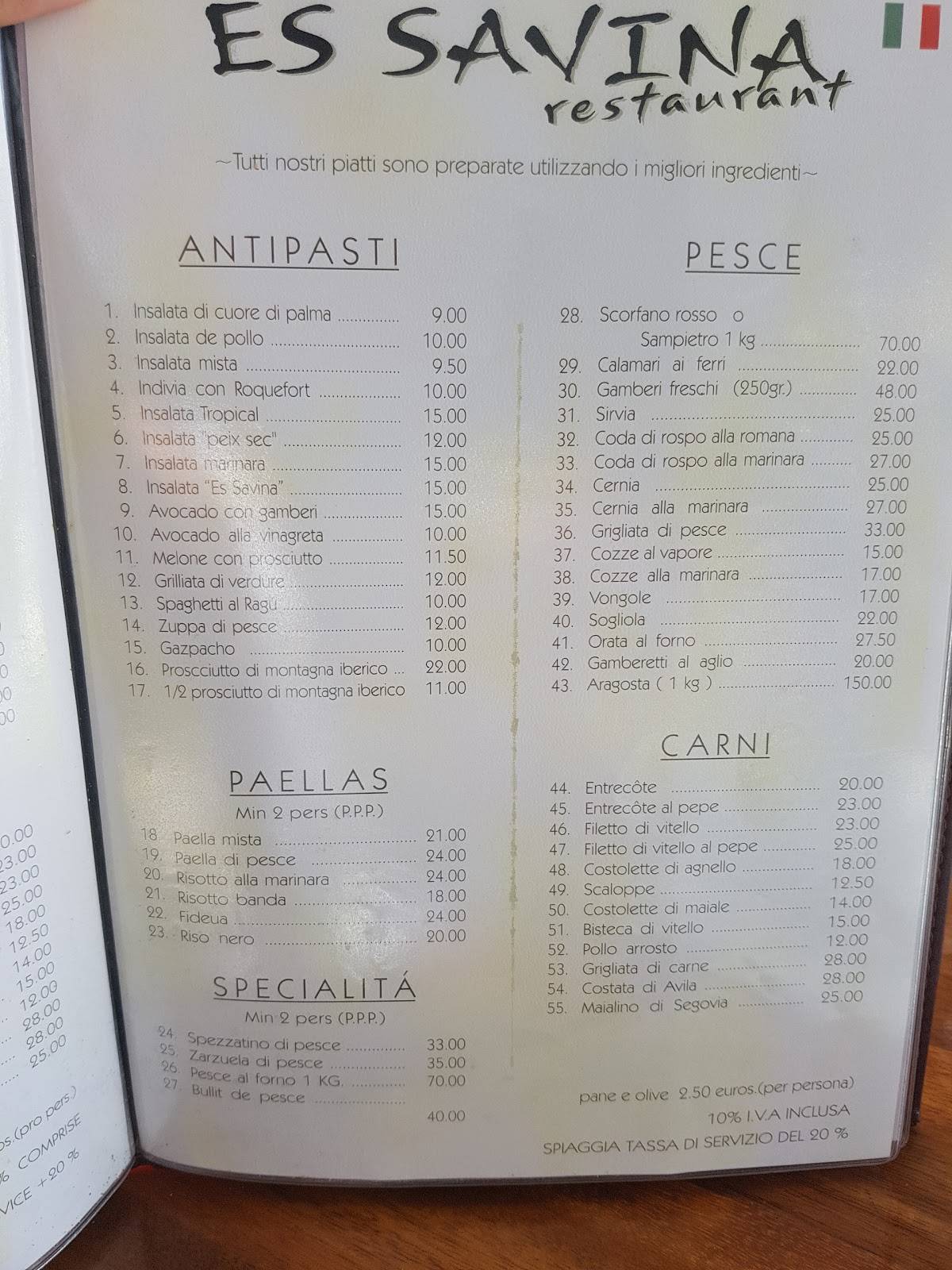 Menu at Es Savinar restaurant, Formentera