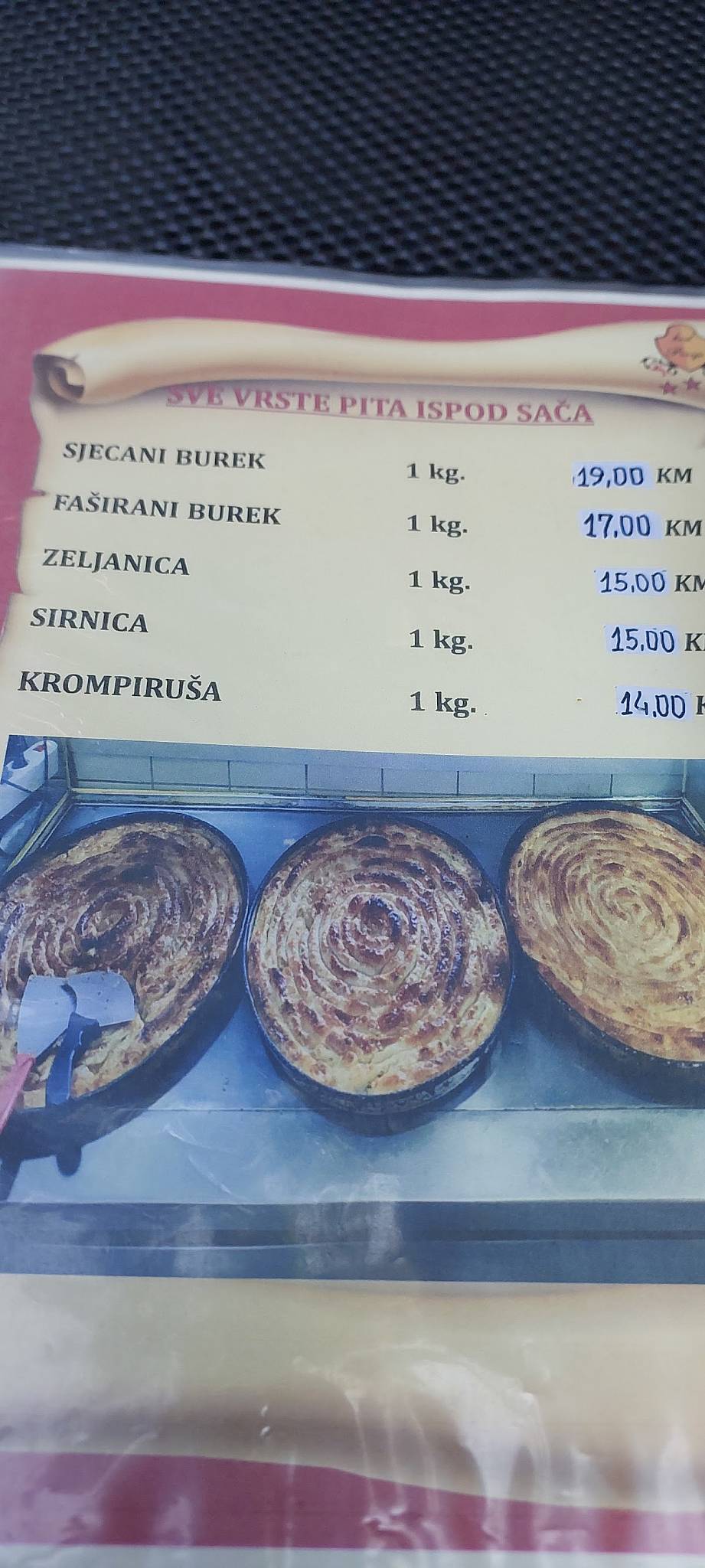 Menu at Esmeralda restaurant, Sarajevo