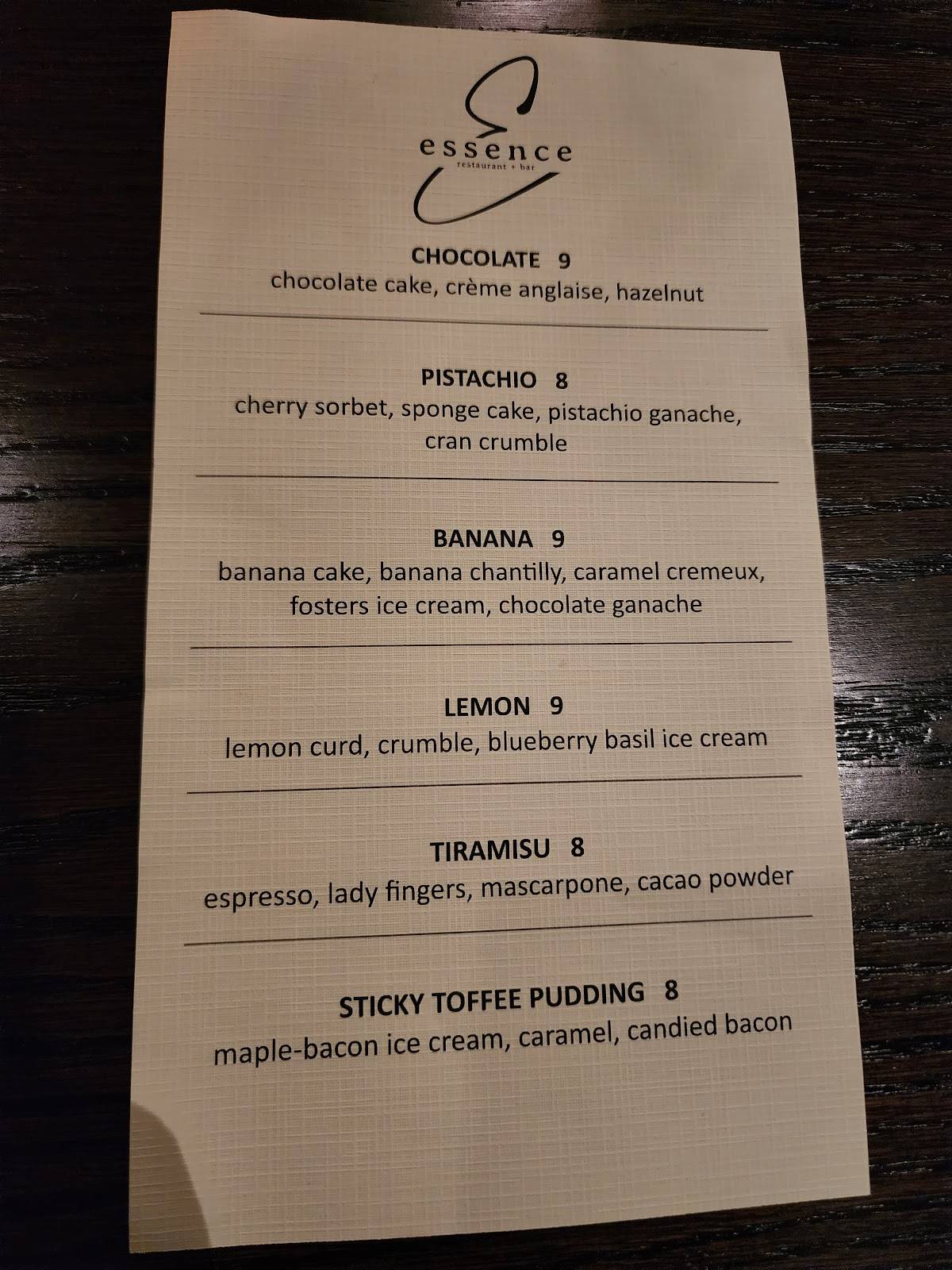Menu at Essence Restaurant + Bar, Elkhart