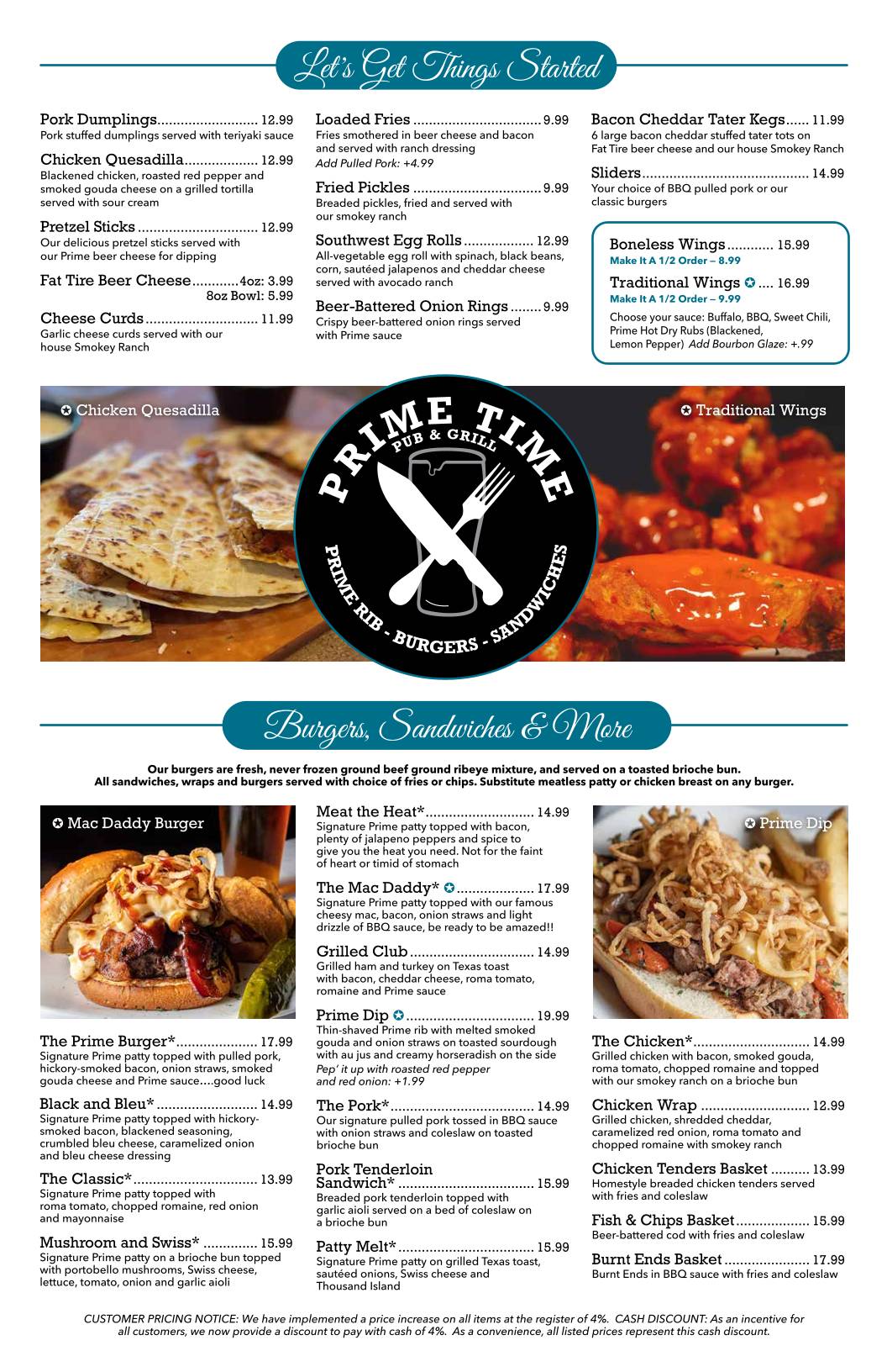 Menu at Prime Time North pub & bar, Evansville