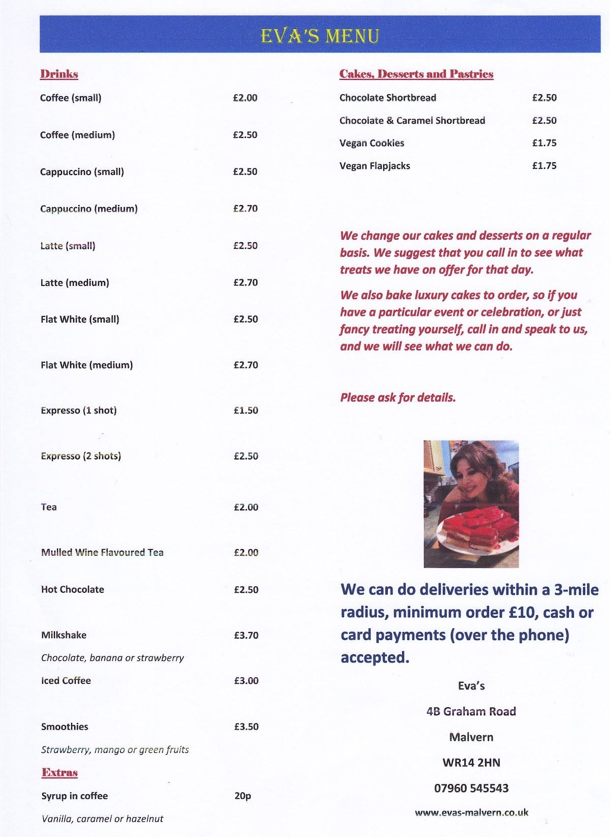 Menu at Eva's cafe, Malvern