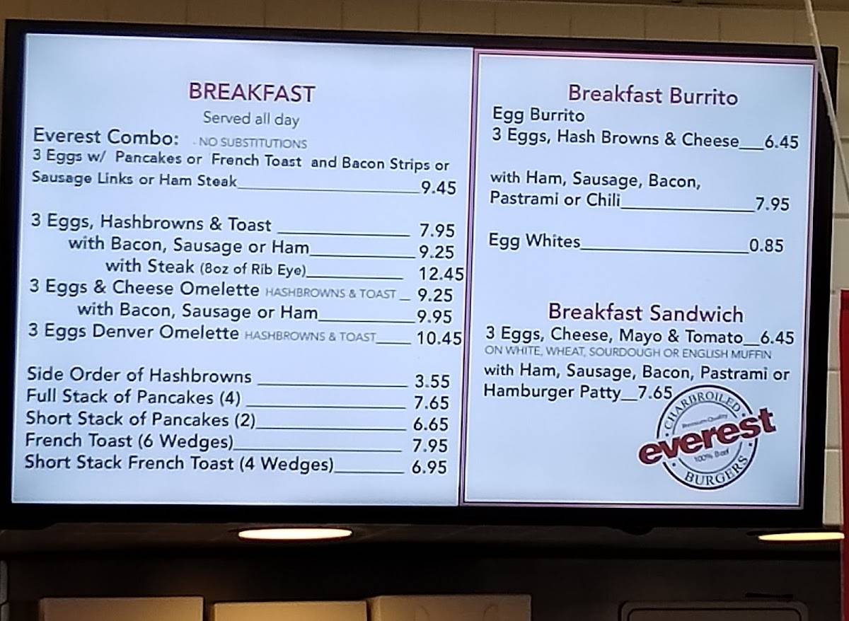 Menu at Everest Burgers restaurant, Santa Clarita