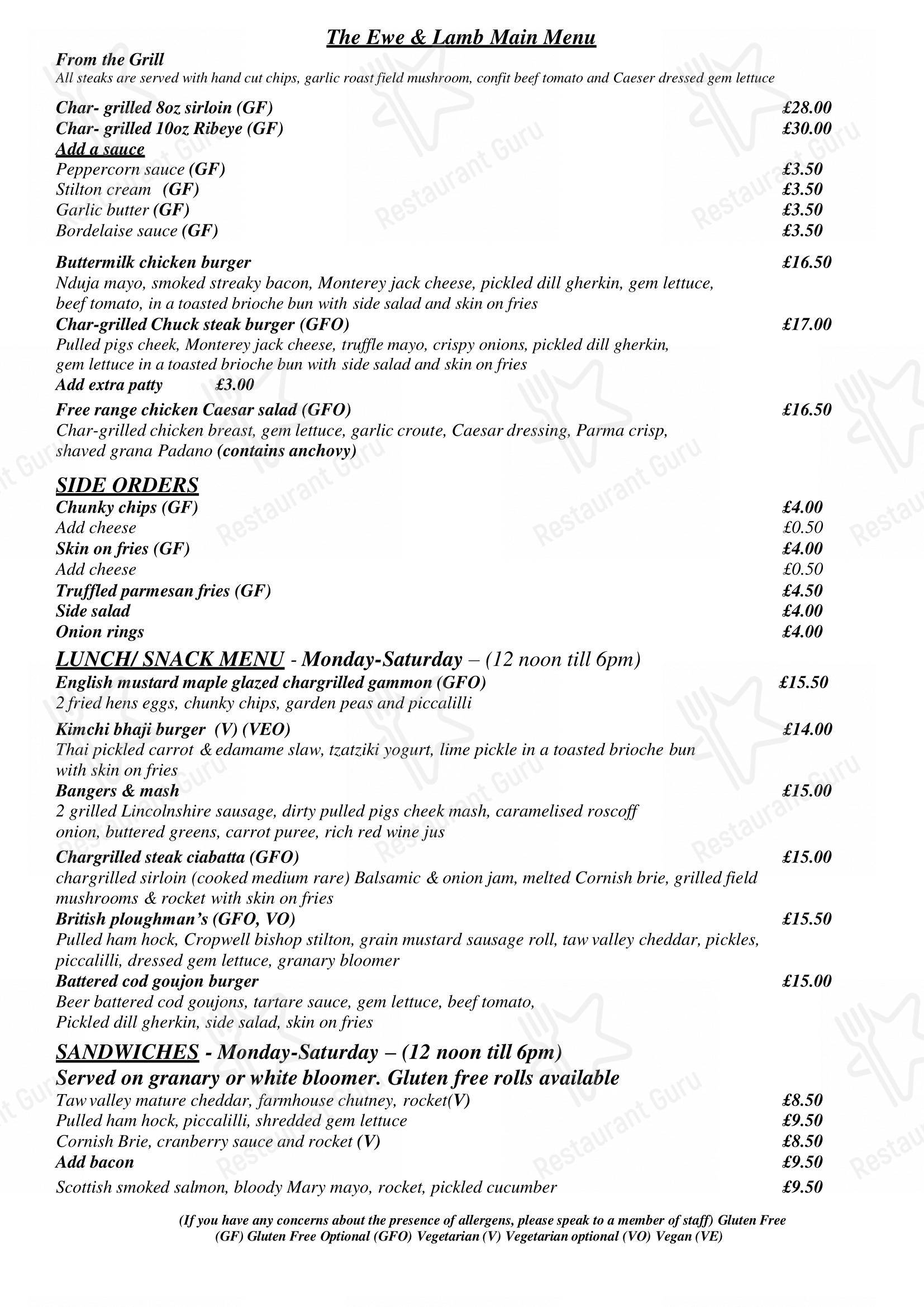 Menu at Ewe & Lamb pub & bar, Bromsgrove