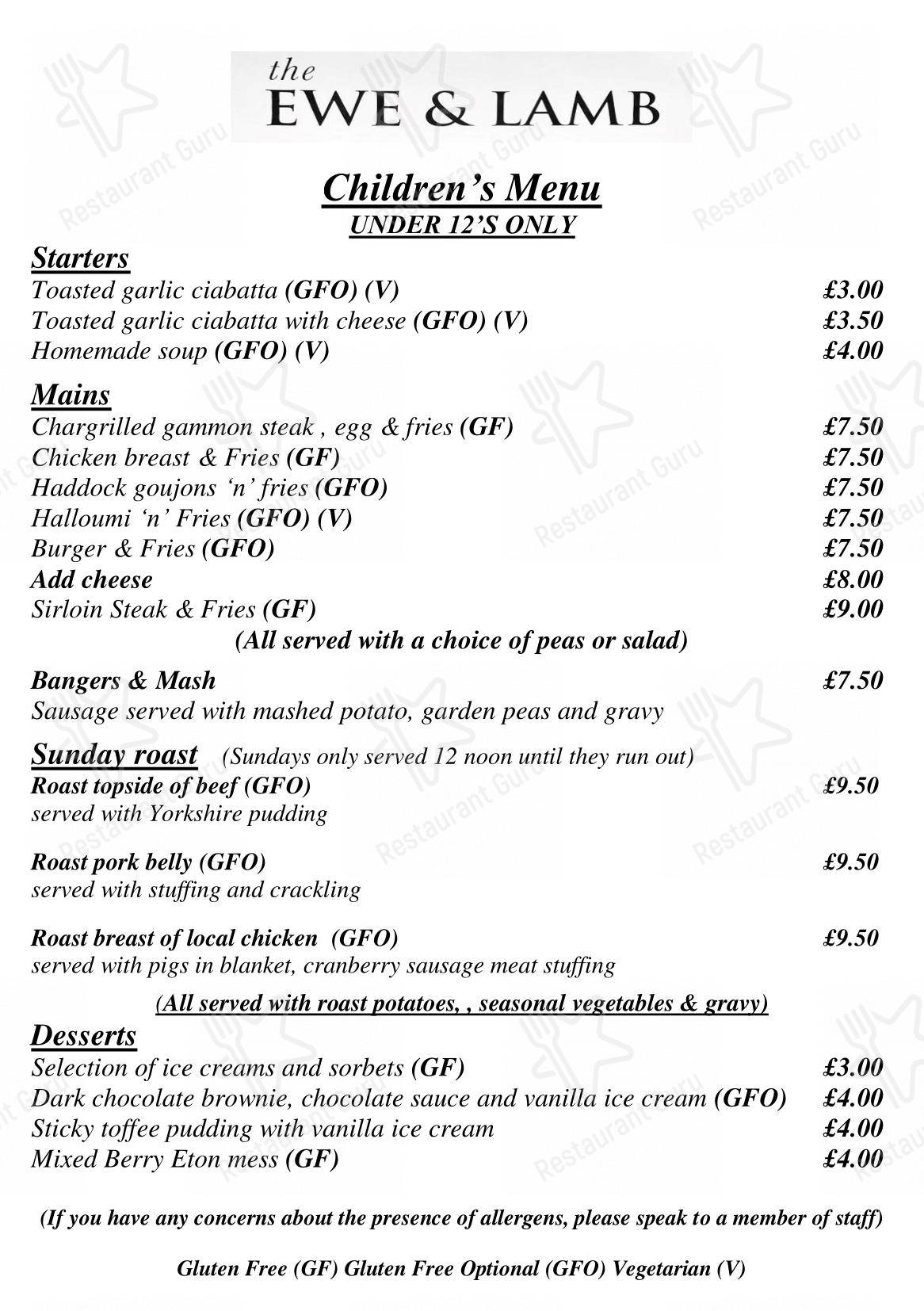 Menu at Ewe & Lamb pub & bar, Bromsgrove
