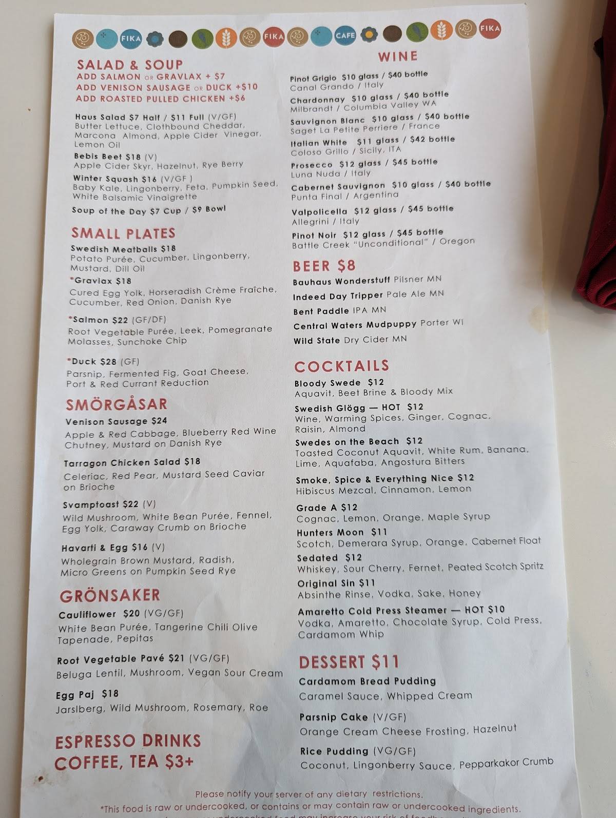Menu at FIKA Café cafe, Minneapolis