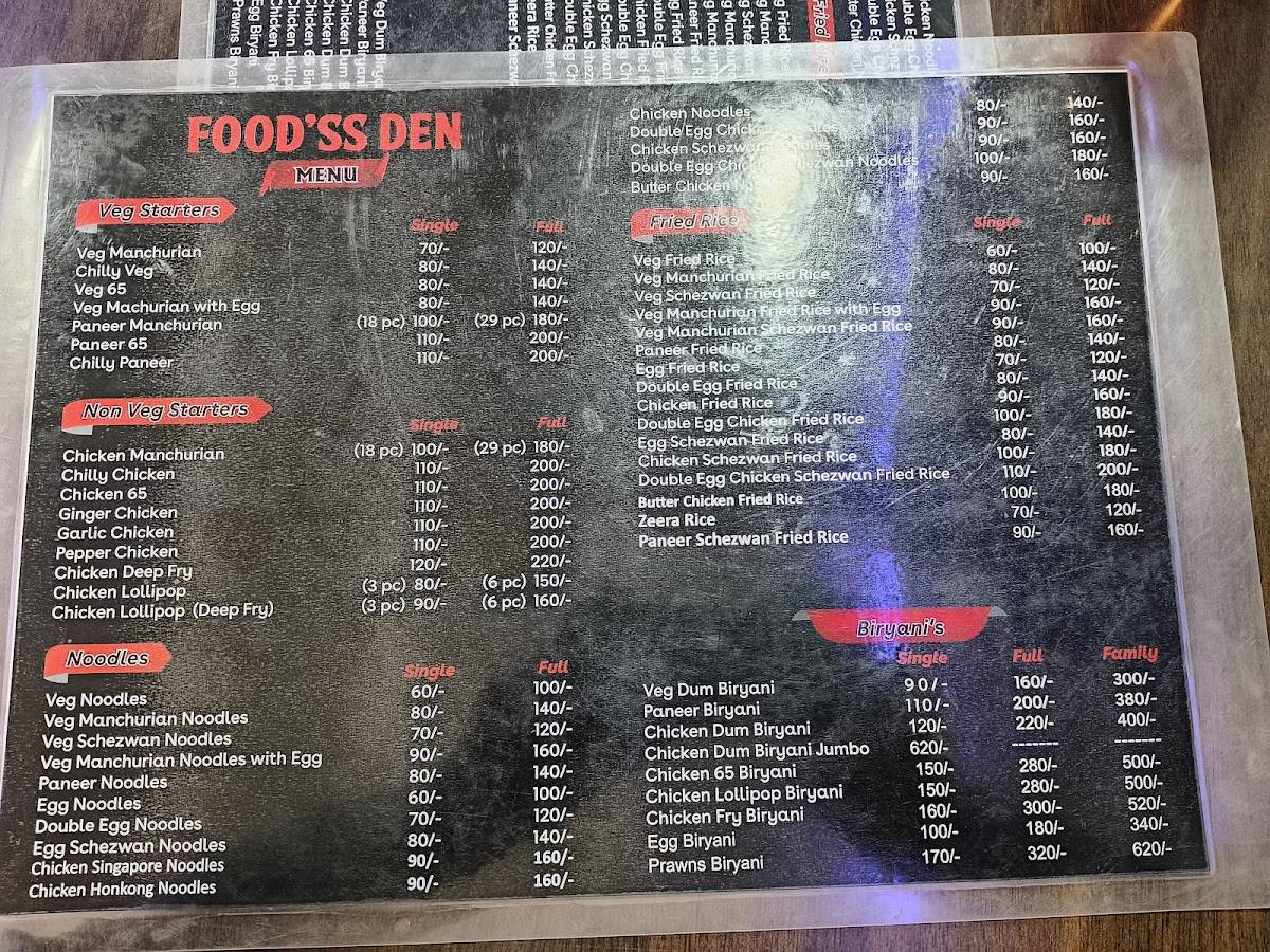 Menu at FOOD'SS DEN, Hyderabad, Shiva Shankar Colony