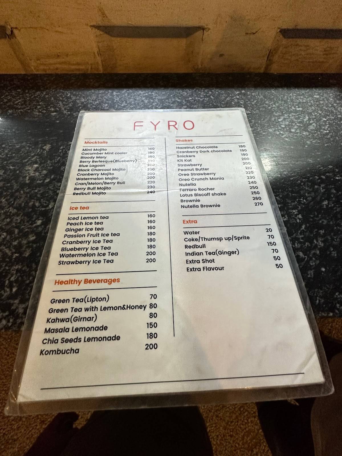 Menu at FYRO, Ahmedabad, Mumatpura Rd
