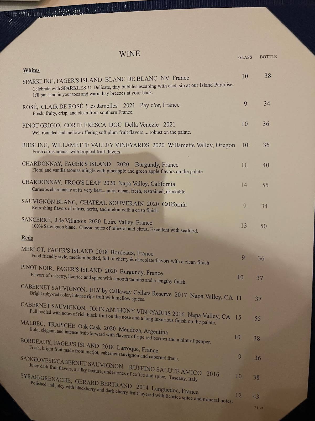 Menu at Fager's Island pub & bar, Ocean City