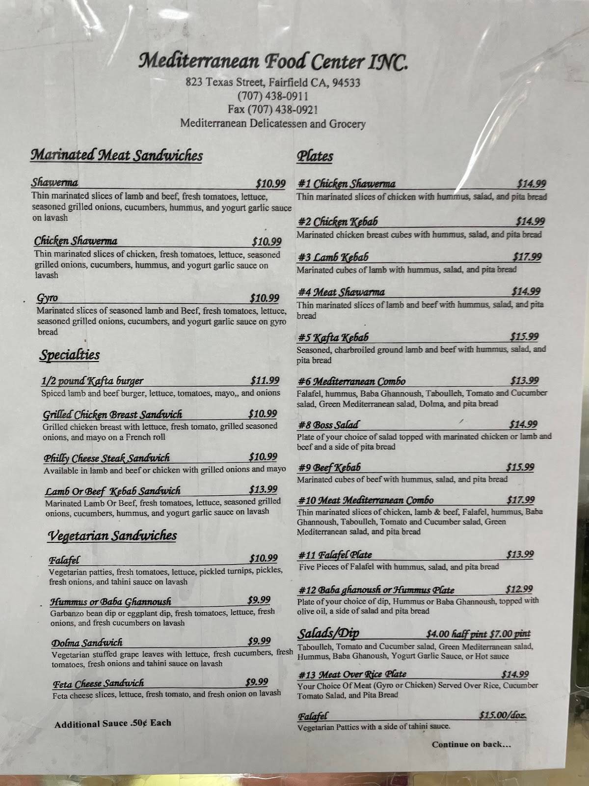 Menu at Mediterranean Food Center restaurant, Fairfield
