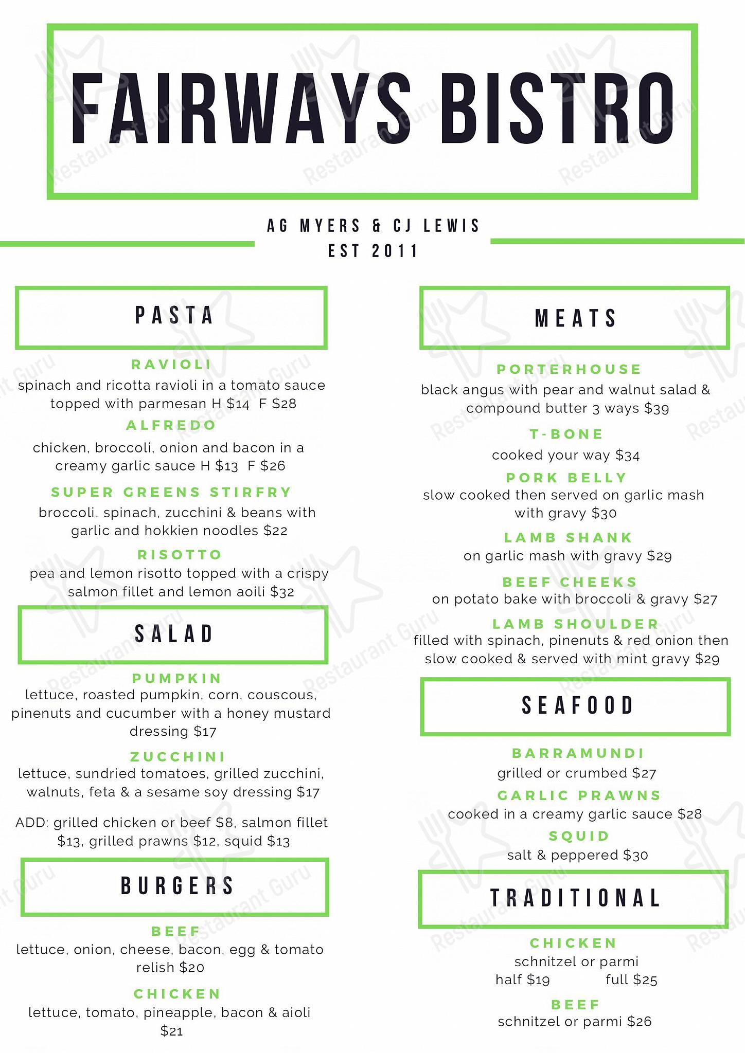 Menu at Fairways Bistro @ Mildura Golf Club, Mildura, 287 Twelfth St