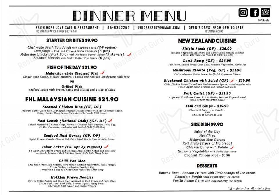 Menu at Faith Hope Love Malaysian Eatery cafe, Napier