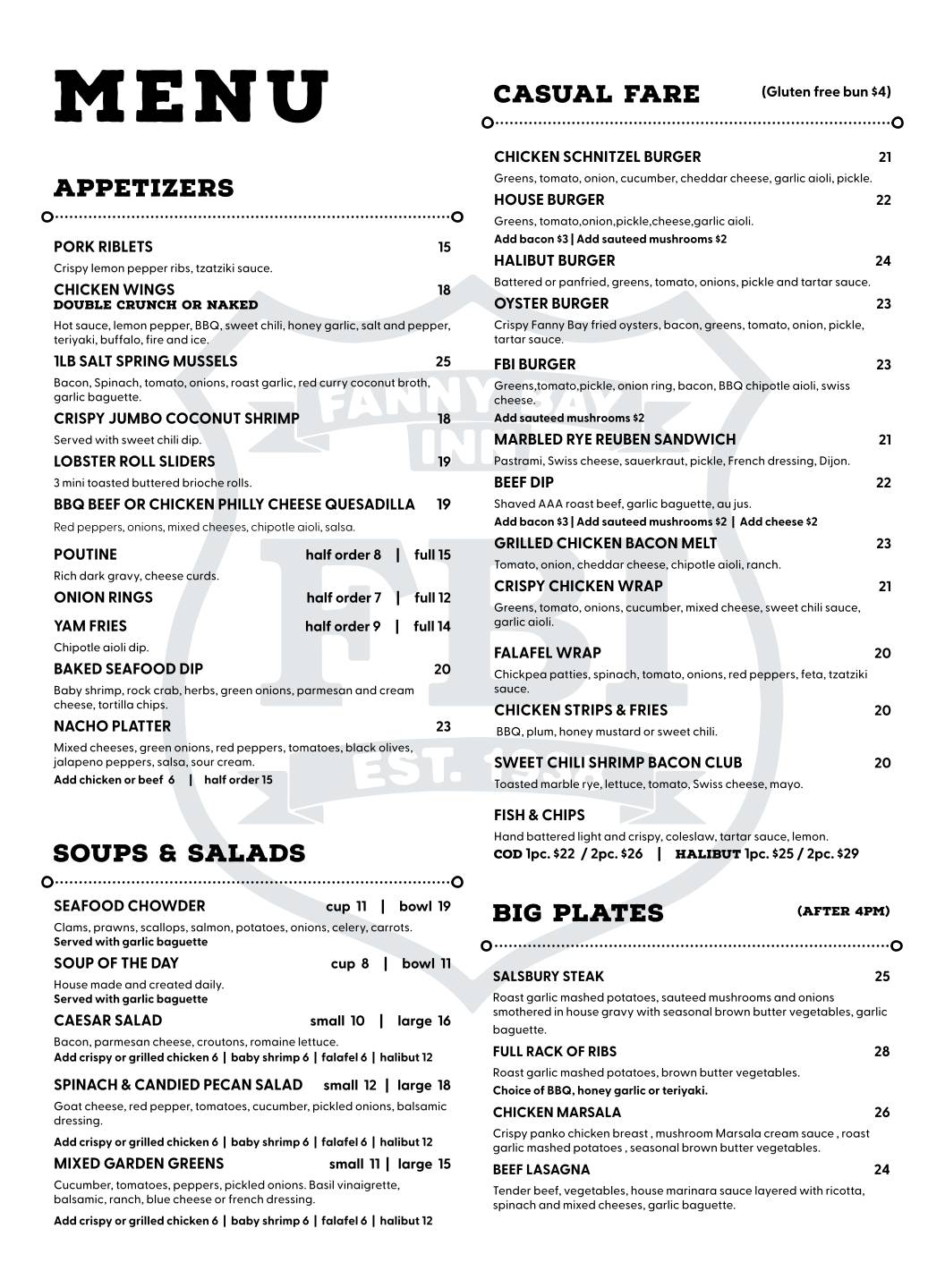 Menu at Fanny Bay Inn pub & bar, Fanny Bay